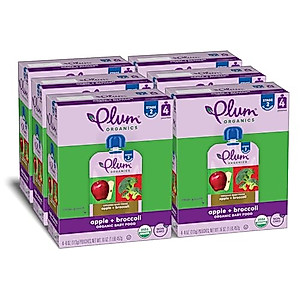 Plum Organics Stage 2 Organic Baby Food - Apple and Broccoli - 4 oz Pouch (6 Packs of 4) - Organic Fruit and Vegetable Baby Food Pouch