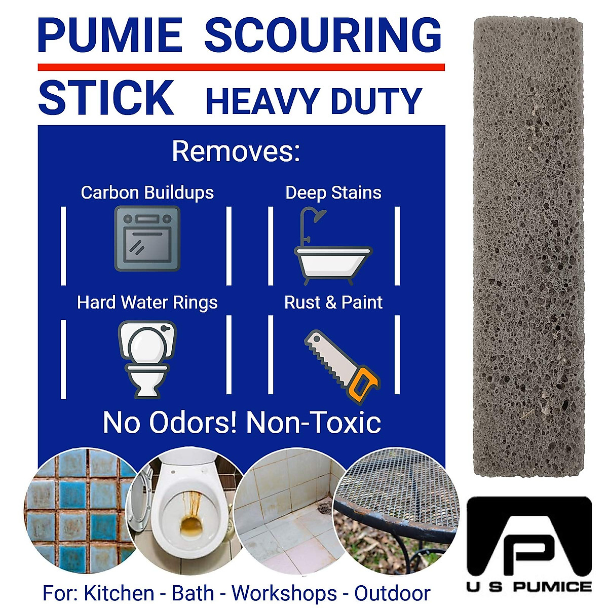 PUMIE Heavy Duty Pumice Scouring Stick, 5.25x1.25x0.75 By U.S. Pumice, Remove Toilet Stains, Hard Water Rings (Pack of 1)