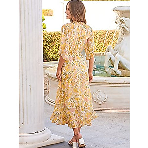 ANRABESS Women's Summer Ruffle Maxi Dress Floral Print 3/4 Bell Sleeve V Neck High Waist Flowy Boho Long Dress 746fenhuang-XL