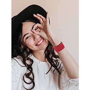 Long tiantian Boho Bangle Leather Bracelet for Women Rhinestone Bangle Bracelet for Women Wide Edge Bracelet Leather Wrap Cuff Bracelet(red)