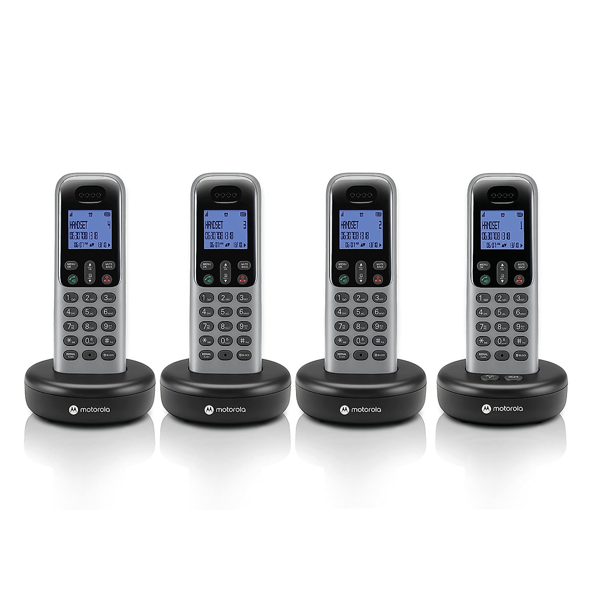 Motorola Voice Cordless Phone System w/ 4 Digital Handsets + Answering Machine, Remote Access, Call Block - Dark Grey (T614)