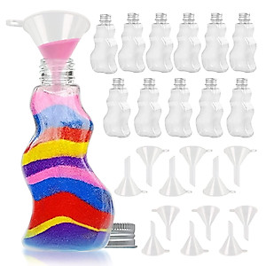 JJ CARE Sand Art Bottles [12 Wave-Shaped Sand Bottles + 6 Small & 6 Large Funnels] Plastic Sand Art Containers for Kids, Sand Art Bottles Bulk for Arts & Crafts, Sand Bottles for Sand Art Supplies