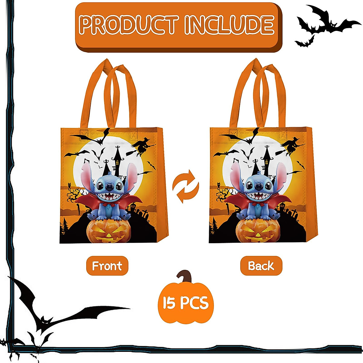 QICI Stitch Halloween Favor Bags 15 Packs, 11.8 x 9.8 x 3.9 Inches Large Size with Handle Stitch Halloween Tote Bags,Reusable Non-Woven Gift Bags for Stitch Halloween Party Decorations