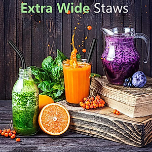 Vannise Reusable Smoothie Straws & Milkshake Straws 0.4" Wide Mouth Straw, Set of 6 Stainless Steel Straws 8.5"&10.5" with 1 Long Straw Cleaner Brush，Black Metal Straws for Jumbo Thicker Drinks