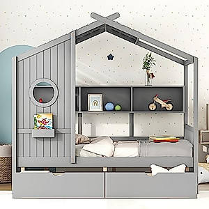 DEYOBED Kids Wooden House Bed, Full Size House Bed Frame with Storage Shelf, 2 Drawers and Roof for Boys Girls, Kids Montessori Bed with Playhouse Design for Bedroom, Space-Saving, Full, Gray