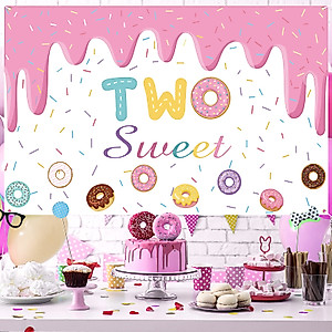 Crenics Two Sweet Birthday Party Decorations, Two Sweet Donut Birthday Backdrop Banner, Donut Theme Birthday Party Supplies for 2nd Birthday Decorations Girls, 5.9 x 3.6 Ft