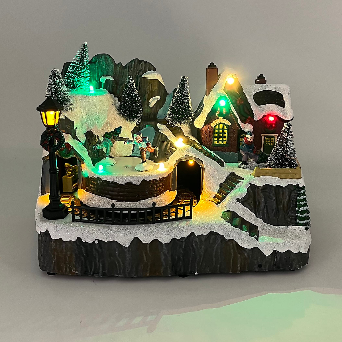 allgala Crafted Polyresin Christmas House Collectable Figurine with USB and Battery Dual Power Source-Moving Train and Skaters-XH93445
