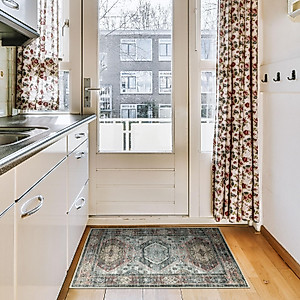 Fashriend Rita Moroccan Entry Rug, 2'×3' Washable Western Door Mat, Non-Slip Southwest Boho Rug, Non-Shedding Aztec Rug, Geometric Carpet with Low Pile for Bathroom, Laundry, Kitchen, Hallway, Green