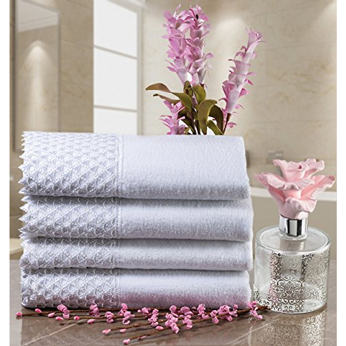Creative Scents Decorative Fingertip Towels for Bathroom and Powder Room with Gorgeous White Lace - 4 Pack - 11 by 18" - Cotton Velour Towel Set Packaged in Gift Box for Best Holiday Gift (White)