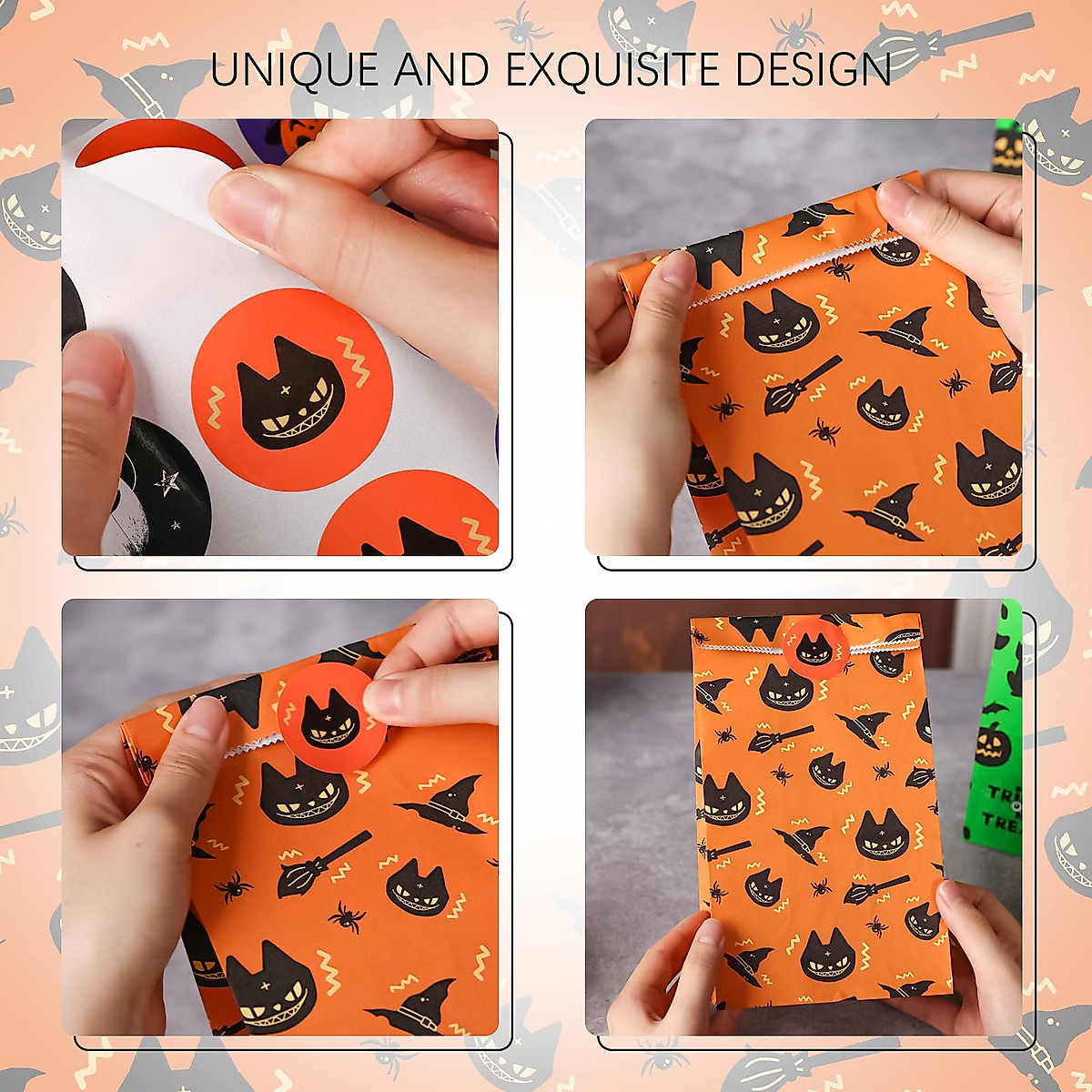 STARRKY 54PCS Halloween Treat Bags, Candy Treat Bags with Stickers Paper Gift Bags Goodie Bags for Kids Party Favors