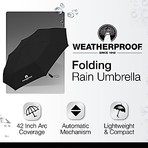 Weatherproof Automatic Rain Umbrella, Compact, Lightweight, and Wind Resistant Folding Umbrella for Travel, Full 42 Inch Arc, Black