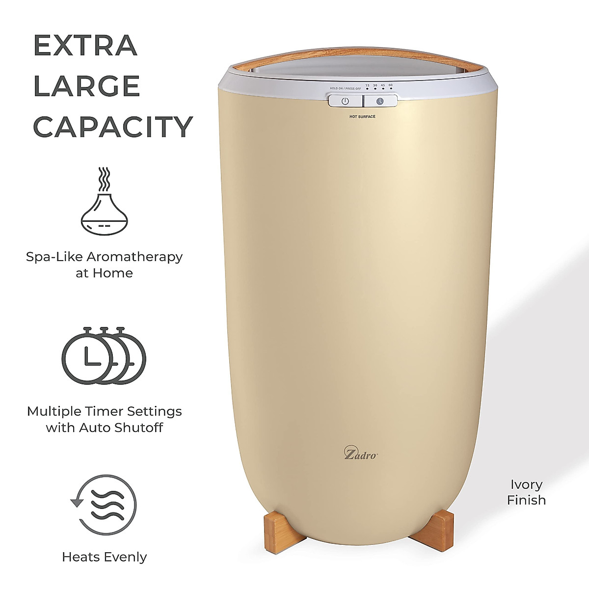 Zadro Large Aromatherapy Hot Towel Warmer with Lavender Essential Oil, Auto Shut Off Electric Towel Warmer For Bathroom (Large | 20L | 12" Dia. x 21" Tall, Ivory/Bamboo)