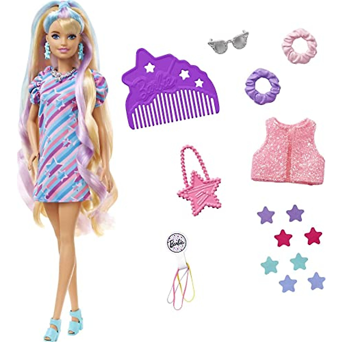 Barbie Totally Hair Doll, Star-Themed with 8.5-Inch Fantasy Hair & 15 Styling Accessories (8 with Color-Change Feature)