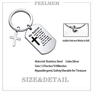 FEELMEM Christian Baptism Gift Jesus Loves Me My Baptism Dog Tag Keychain Teen Adult Woman Religious Baptized Jewelry Confirmation Gift for Girl (silver)