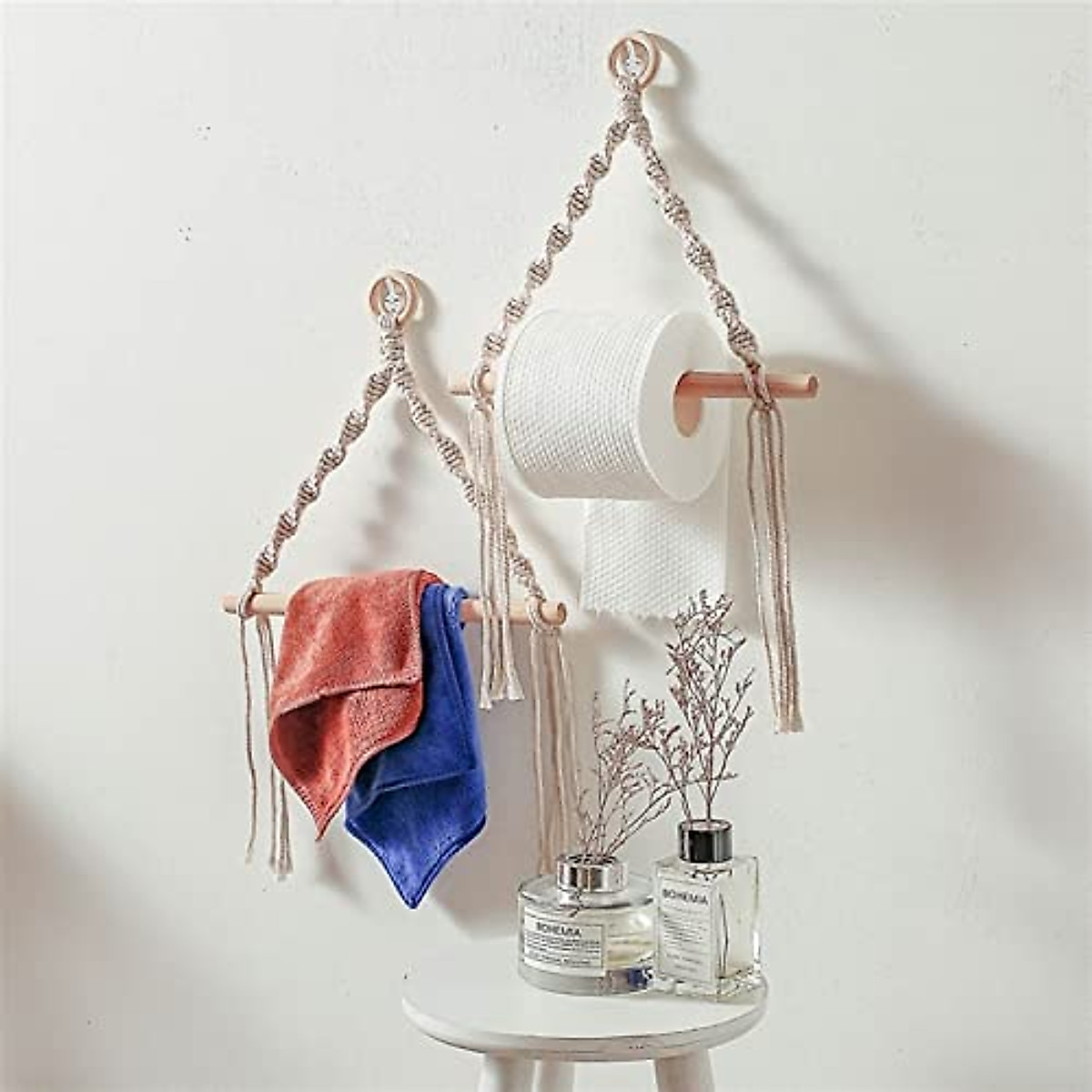 FEEGAR Towel Ring Toilet Paper Holder Dispenser Hand-Woven Tapestry Wall Hanging Bathroom Towel Rack Decoration