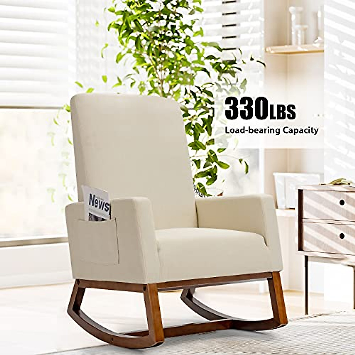 Giantx Upholstered Rocking Chair, Modern Fabric Armchair w/Wood Base, Side Pocket, Linen Padded Seat, High Back Accent Glider Rocker Chair, Mid-Century Leisure Chair for Nursery, Living Room (Beige)