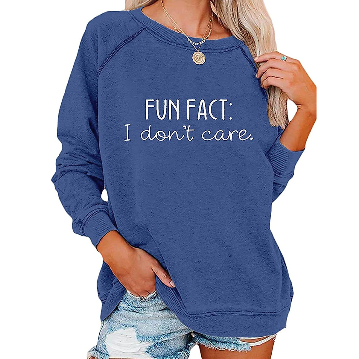 EADINVE "FUN FACT: I don't care Letter Print Women's Crewneck Sweatshirt Raglan Long Sleeve Casual Pullover Tops Blue Medium