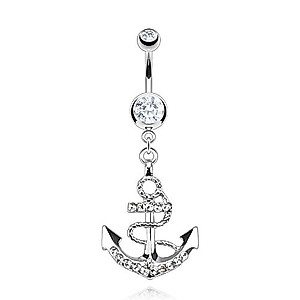 Forbidden Body Jewelry Surgical Steel CZ Crystal Anchor Nautical Dangle Belly Button RIng (Clear)