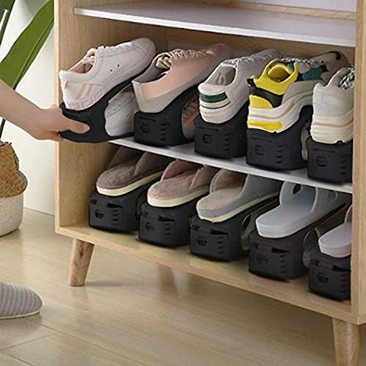 Set of 20 Adjustable Shoe Risers, Double Your Storage Space, 50% Space Saving Double Layer, Shoe Holder Rack Stacker Slots for Closet Shelf Organizer (Black)