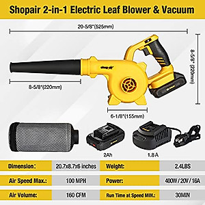 SHOP·AIR Cordless Leaf Blower & Vacuum, 2-IN-1 20V Leaf Blower with 7 Adjustable Speeds, 160CFM/100MPH Strong Power, Lightweight Handheld Blower for Lawn Care, Snow, Dust, Battery and Charger Included