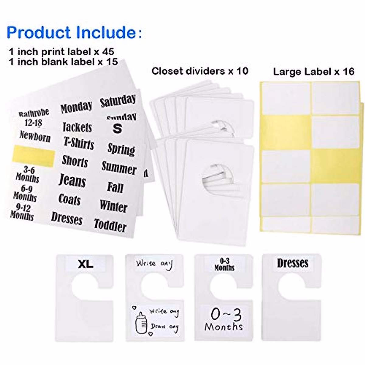 TraGoods 10 Pack White Clothing Rack Size Dividers Plus 60 Labels (1 Inch) and 16 Large Blank Labels, Large Rectangular Clothing Closet dividers (Pearl White)