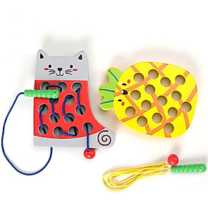 QZMTOY Wooden Lacing Toy, Cat Pineapple Threading Toys Toddler Activities Fine Motor Skills Montessori Toys for Toddlers Travel Game Early Learning Educational Gifts for Boys Girsl Baby Kids