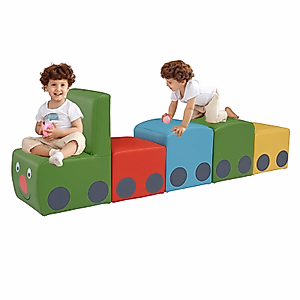 Kinsuite Kids Sofa Set - 5 Pcs PVC Leather Foam Toddler Lightweight Wooden Frame Cartoon Chair & Stools for Nursery School Daycare Kingdom Home Activity Room