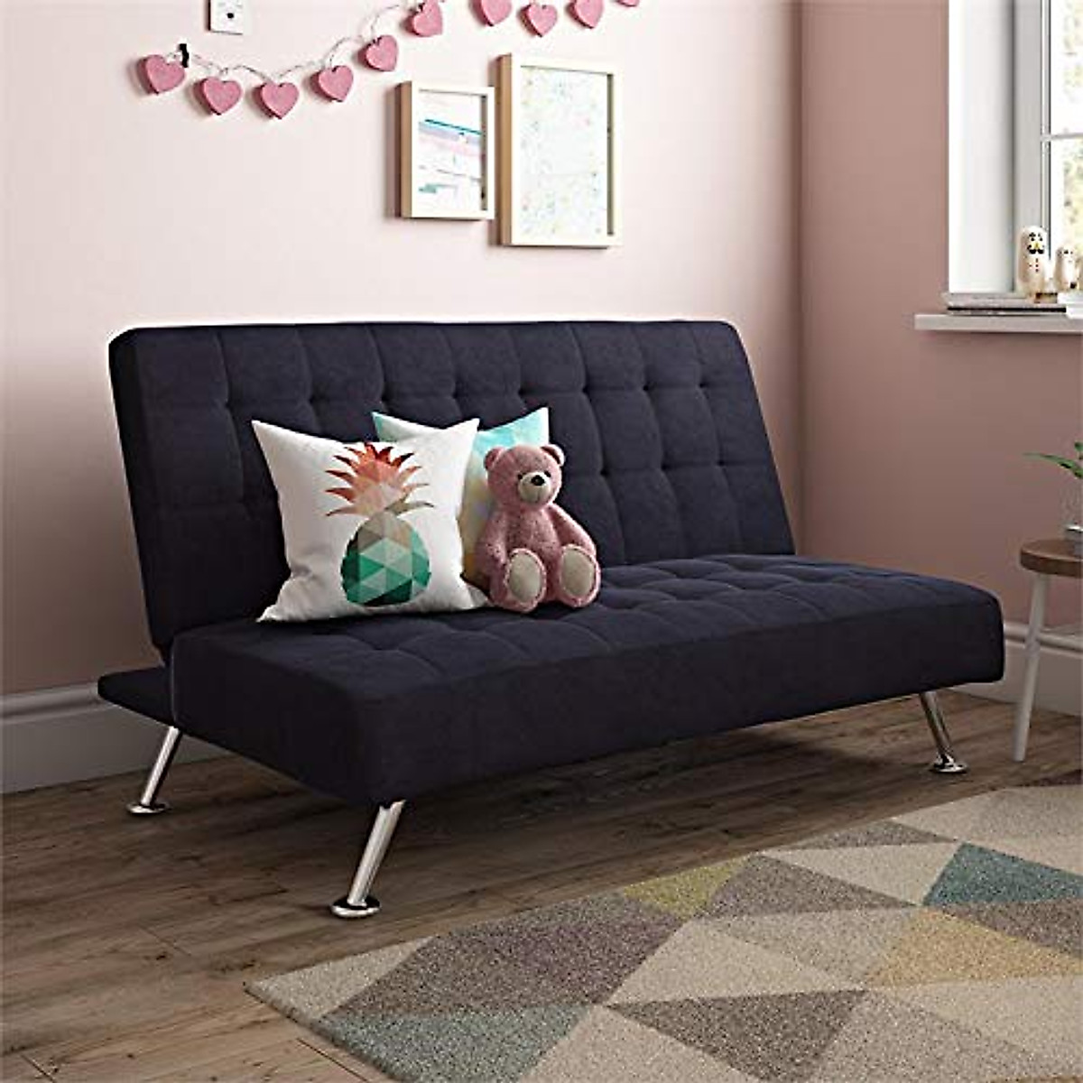 DHP Mabel Tufted Kids Sleeper Sofa in Dark Blue and Chrome