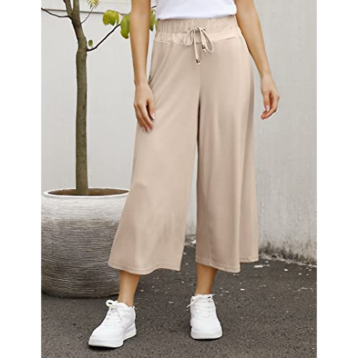 GlorySunshine Womens Linen Wide Leg Pants Elastic Waist Solid Palazzo Casual Loose Drawstring Trousers with Pockets New-Apricot L