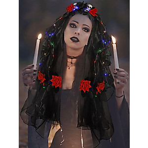 Unsutuo Led Day of the Dead Headband Veil Ligth Up Halloween Costume Headwear Gothic Skull Rose Headpiece Hair Accessories for Women