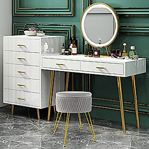 GERANT Velvet Storage Ottoman Vanity Stools - Multifunctional Upholstered Pleated Round Footrest with Golden Metal Legs,Removable Coffee Table Top Cover,Suitable for Living Room,Bedroom(Gray)