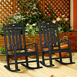 Outsunny 2 Piece Outdoor Rocking Chair Set, HDPE Rocking Patio Chairs with Rustic High Back, Armrests, Oversized Seat and Slatted Backrest, 350lbs Weight Capacity, Black