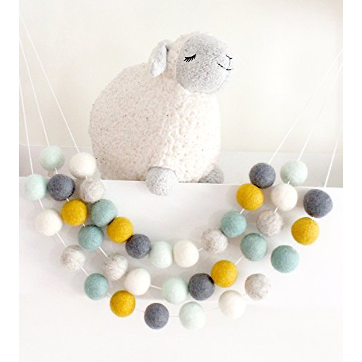 "Tranquil Mint" Adjustable Handmade Felt Ball Garland by Sheep Farm Felt- Mint Pom Pom Garland. 1 inch balls. 7 feet. 28 felt balls