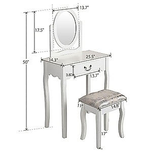 Vanity Table and Chair Set, Makeup Dressing Table with 360° Rotating Mirror and Large Drawer - White,White