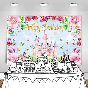 LDWLYW Princess Birthday Backdrop for Girls Happy Birthday Princess Castle Butterfly Backdrop Banner for Birthday Party Decorations Princess Theme Party Photo Backdrop Background Decor 7x5ft