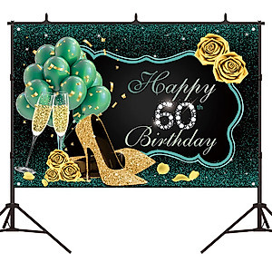 Bellimas Happy 60th Birthday Backdrop Green and Black Women Birthday Party Background High Heels Gold Rose Sixty Birthday Prom Party Supplies Banner with Copper Grommets