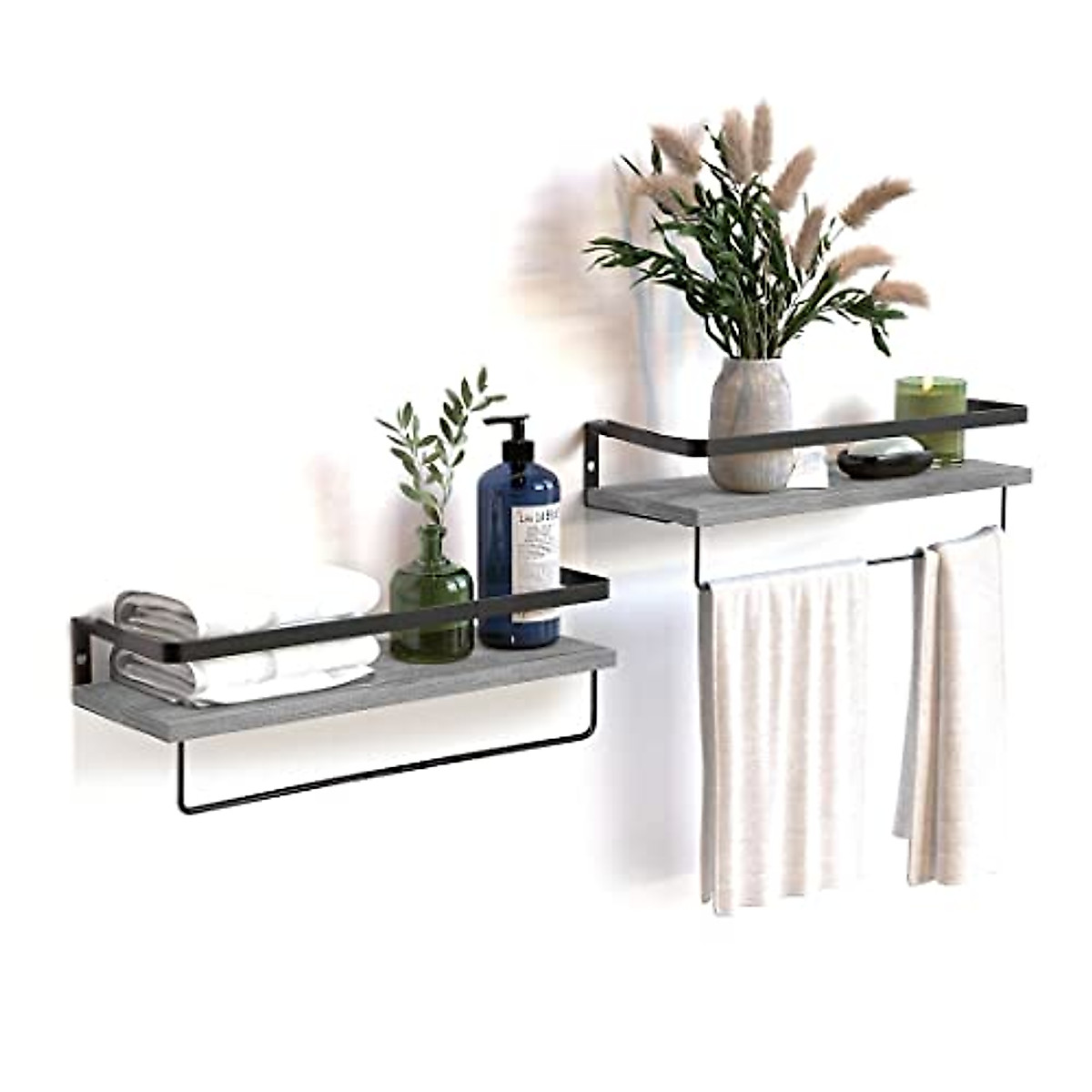 Halter Bathroom Shelf with Towel Bar, Wall Mounted Floating Shelves with Bar and Metal Towel Rod for Bathroom and Kitchen, Wooden Bathroom Shelves, Floating Bar Shelves, Grey