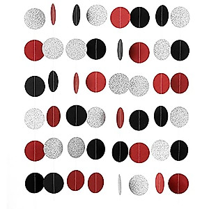 WEVEN Red Black Silver Glitter Paper Garland Circle Dot Streamer Party Banner Backdrop Hanging Decorations, 2.5" in Diameter, 20 Feet in Total