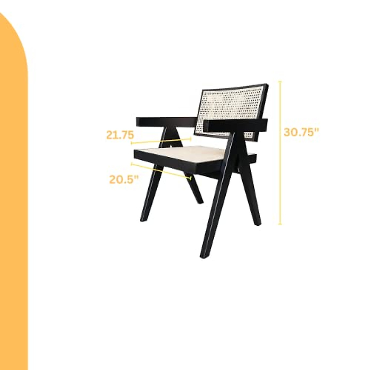 First of a Kind Rattan Cane Dining Chair - Mid-Century Modern Chairs with Mesh Back - Comfy Side Chair with Arms for Dining Room – Farmhouse Wooden Frame Accent Chair for Kitchen - Black