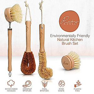 Natural Kitchen Cleaning Brush Set. Eco-Friendly Wooden Brush Set for Cleaning Kitchen Dishes, pots & Pans. Wooden Dish Brush, Pot Brush & Bottle Cleaner. Made of Beech Wood & Natural bristles