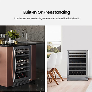 SAMSUNG 34-Inch Wine Cooler Refrigerator, 51 Bottle Capacity, Freestanding, Under Cabinet Fridge w/ Dual Temperature Zones, LED Lighting, Fingerprint Resistant, RW51TS338SR/AA, Stainless Steel