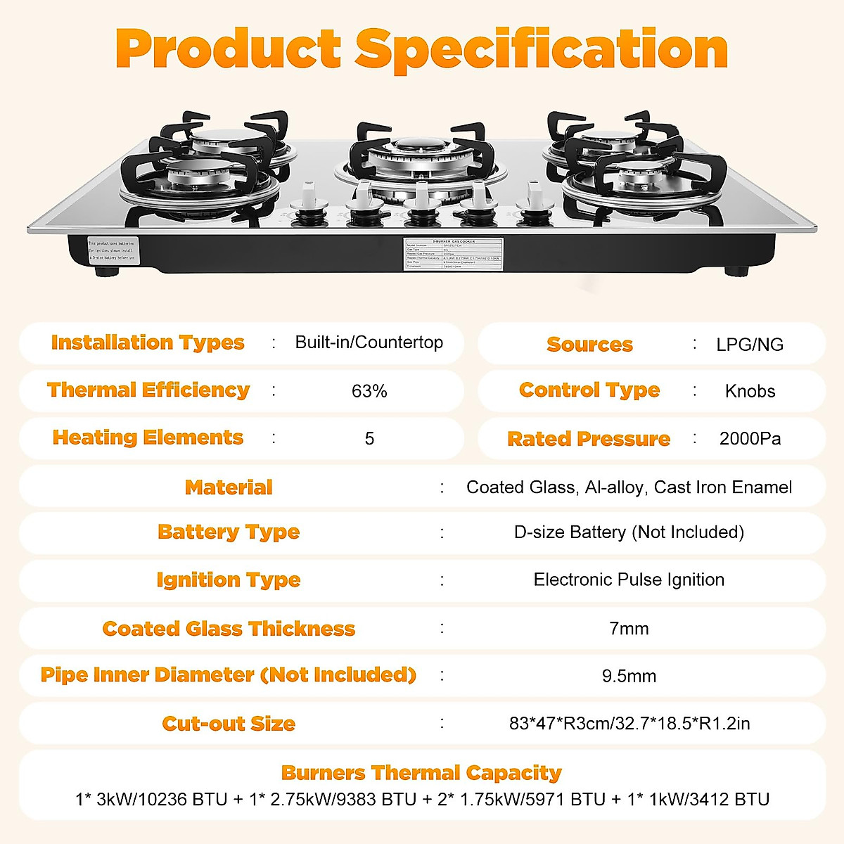 5 Burner Gas Stove Cooktop, 30 Inch Built-in Gas Hob for LPG/NG Dual Fuel Convertible, Flame-out Protection, Tempered Glass Surface, Easy to Clean - Ideal for Home Kitchen Restaurant