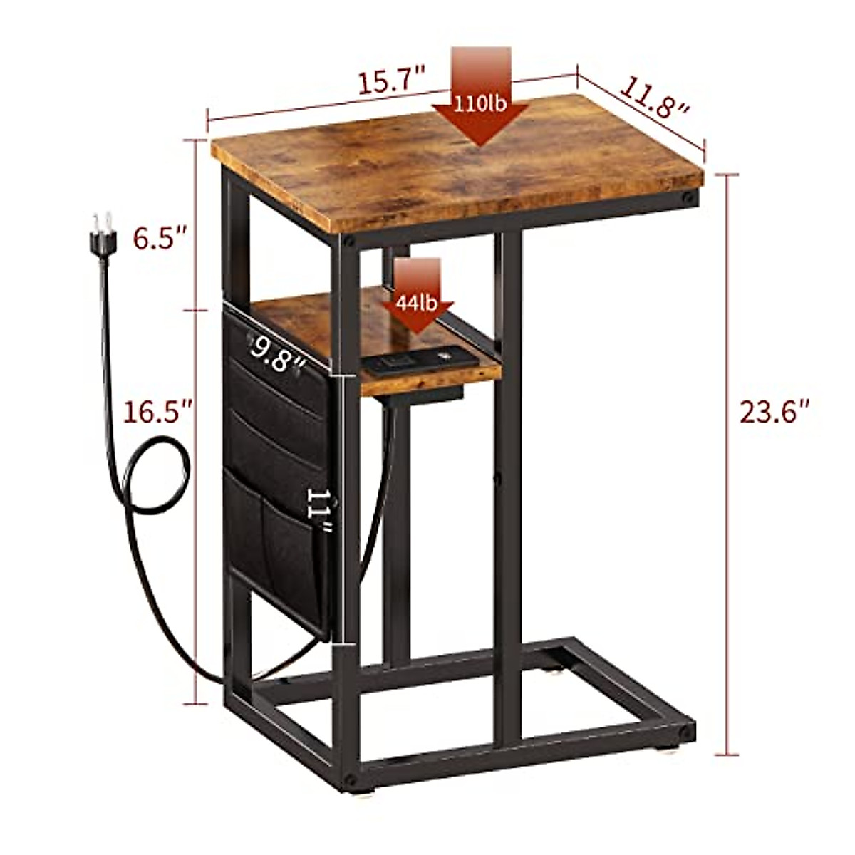 SUPERJARE C Shaped End Table with Charging Station, Side Table with Storage Bag, Couch Table, C Table with USB Port and Outlet, for Living Room, Bed Room, Set of 2, Rustic Brown