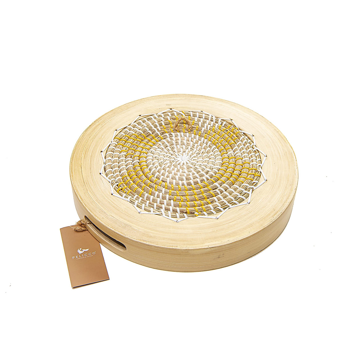 Round seagrass woven tray with handles, bamboo and seagrass tray, handmade decorative tray for table counter piece, coffee table and breakfast tray, wicker fruit basket, , hanging wall basket(14 inch)