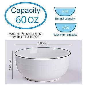 TGLBT 60 oz. Porcelain Salad/Soup Bowl Set of 2 for Soup, Snacks and Vegetable Salad, Large stackable Round Bowl, White