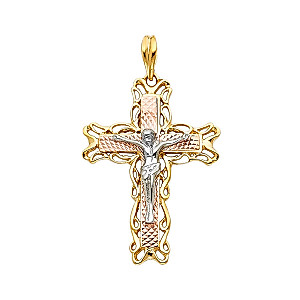 TGDJ 14k Yellow White Rose Gold Religious Crucifix Pendant Height 33 MM Width 24 MM