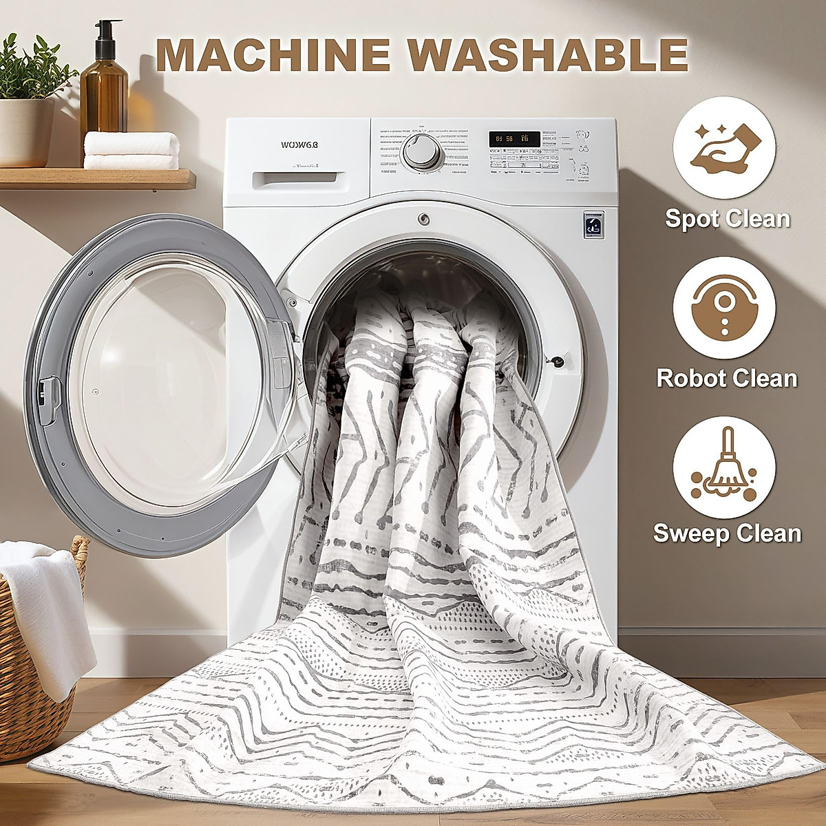 Area Rugs 8x10 Living Room: Washable Boho Large Neutral Soft Farmhouse Rug Stain Resistant Modern Geometric Non Slip Indoor Floor Carpet for Bedroom Nursery Kids Playroom Office- Gray White