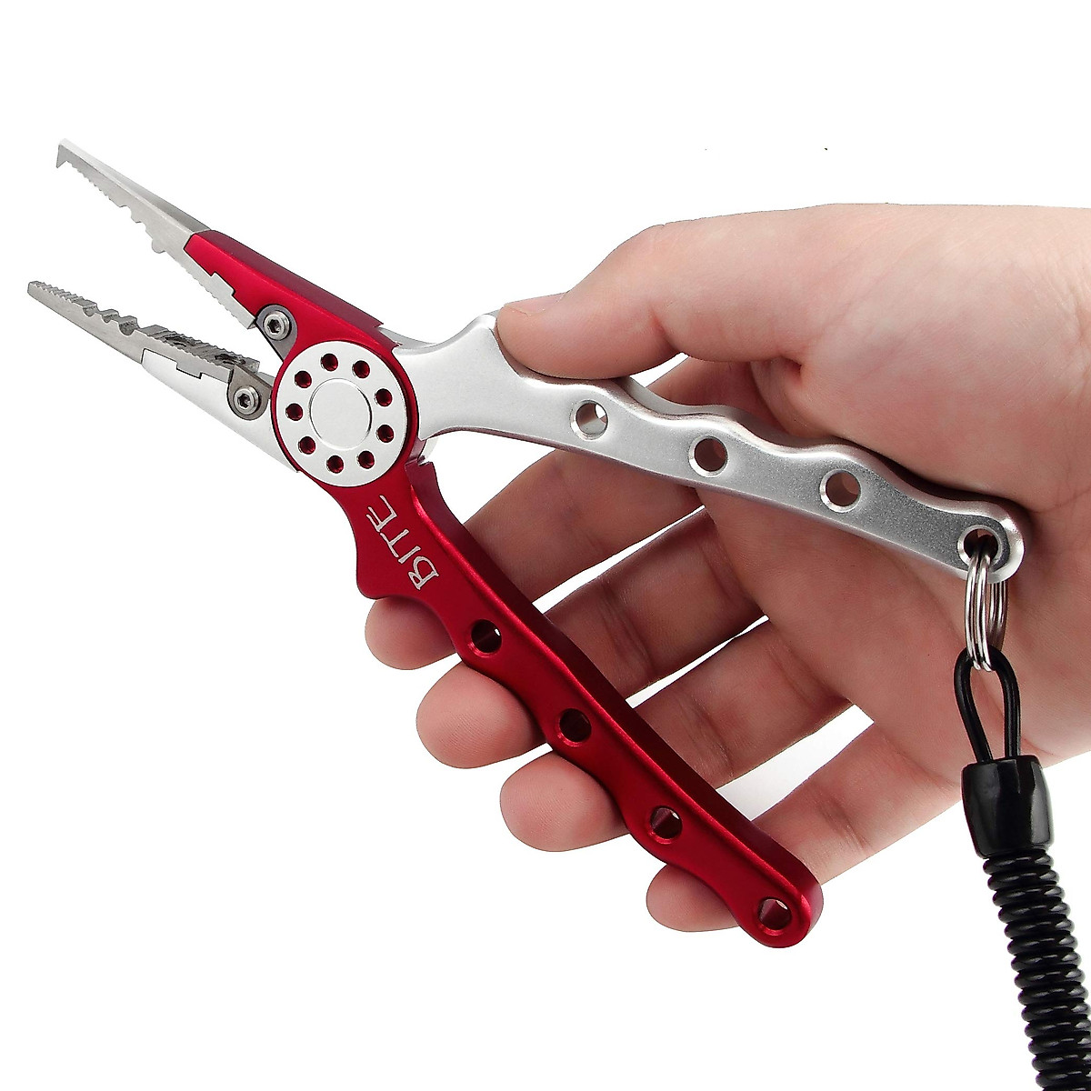 BITE Fishing Tackle 7 inch Fishing Pliers, Aluminum Fishing Tools, Saltwater Resistant Fishing Gear with Corrosion Resistant Coating and Rubber Handle,Fishing Gifts for Men RED Silver