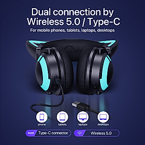YOWU RGB Cat Ear Headphone 3G Wireless 5.0 Foldable Gaming Headset with 7.1 Surround Sound, Built-in Mic & Customizable Lighting and Effect via APP, Type-C Charging Audio Cable-Black