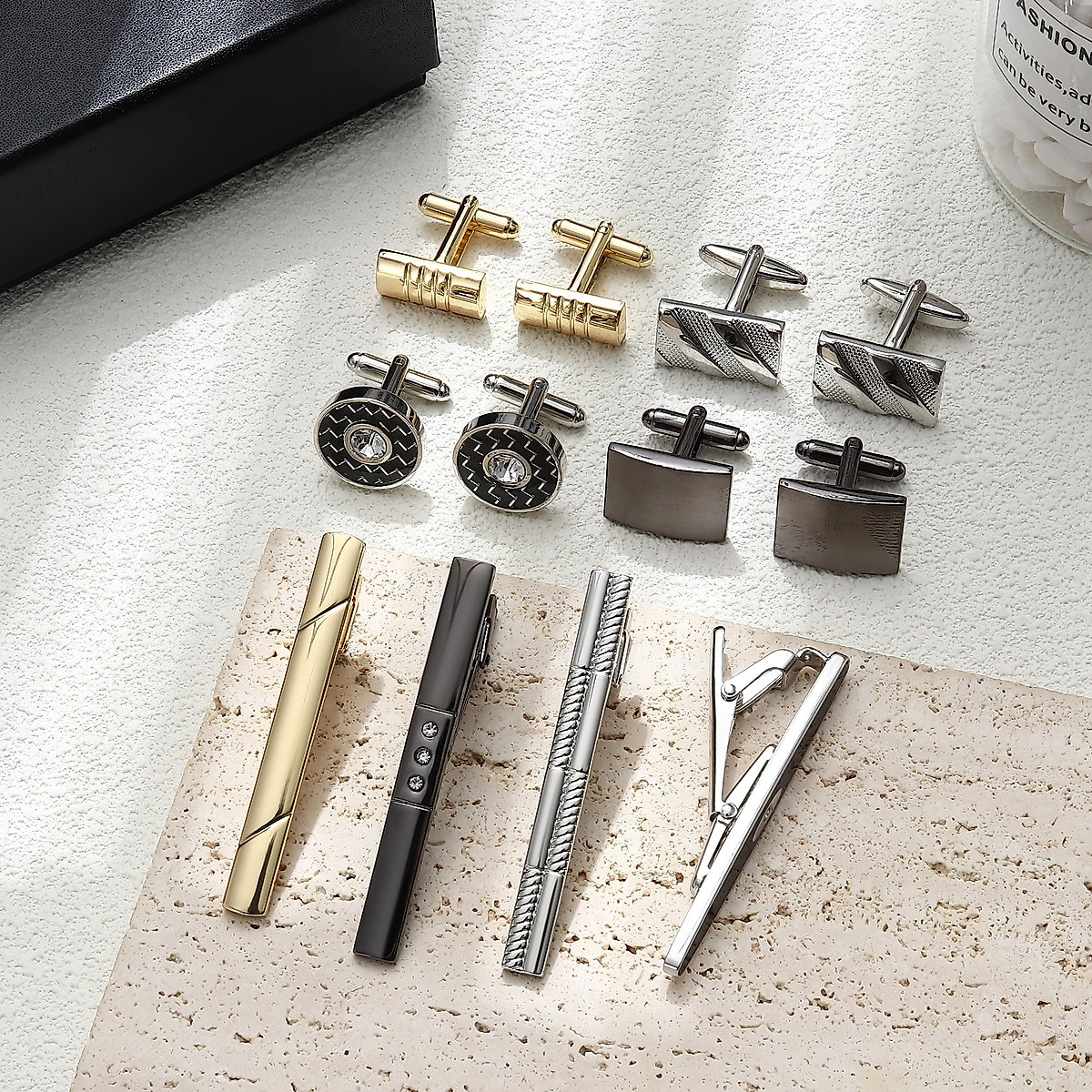 YADOCA Tie Clip Cufflinks Set for Men Necktie Tie Bar Clips Business Shirts Tuxedo Wedding Gift with Box Silver-tone Gold-tone Black